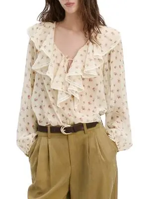 Mango Ruffled Floral Print Blouse With Lace Trim - Yellow