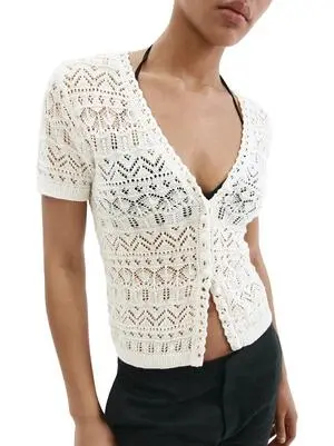 MANGO MANGO Open Knit Short Sleeve V-Neck Cardigan