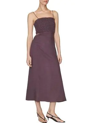 Mango Embroidered Beaded Linen Blend Midi Dress With Lace Trim - Plum