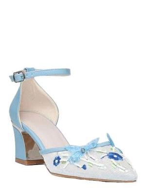 PROLOGUE SHOES Bridal Embellished Pointed Toe Block Heel Pumps - Blue