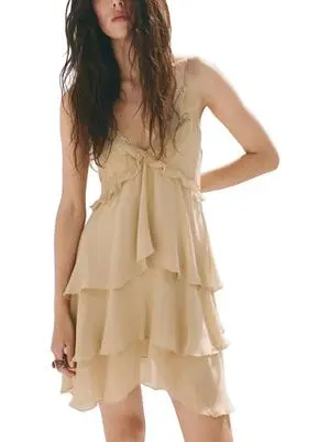 Mango Sleeveless Bead Embellished Ruffled Chiffon Dress - Beige