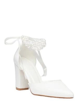 PROLOGUE SHOES Elisa Block Heel Bridal Pumps With Pearl Ankle Strap And Ribbon Ties - Ivory