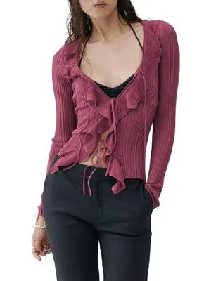 Mango Ruffled Ribbed Tie-front Cardigan - Wine