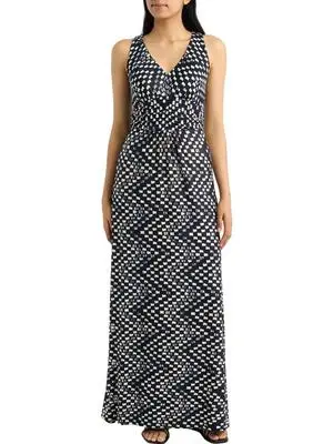 Loveappella Graphic Stripe V-neck Empire Waist Maxi Dress - Black/ivory