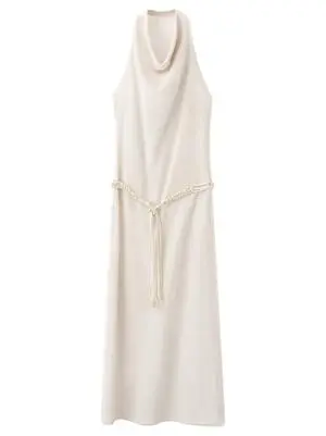 Mango Halter Knit Midi Dress With Beaded Belt - Ecru