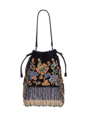 Etro Kalispera Beaded Fringe Suede Shoulder Bag - Blue