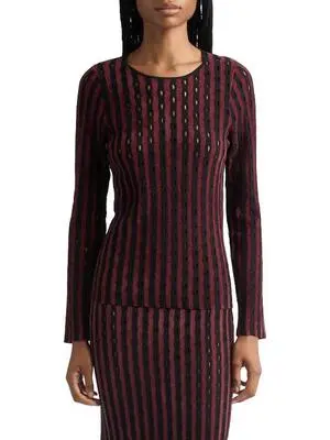 ZANKOV Striped Perforated Crewneck Sweater - Raisin Multi