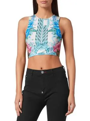 Philipp Plein Hawaii Print Stretch Cropped Top - Lightblue
