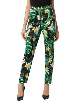 Philipp Plein Duchesse Satin High-waisted Trousers With Tropical Print - Green