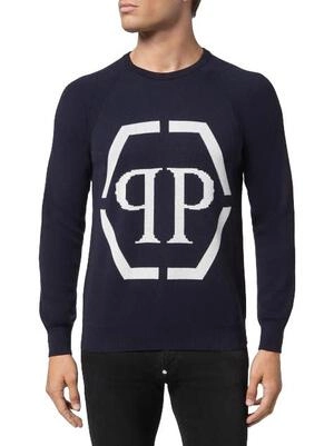 Philipp Plein Round Neck Pullover With Graphic Logo - Navy