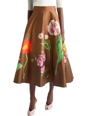 Oscar De La Renta Mixed Botanical Circle Midi Skirt - Brown Multi