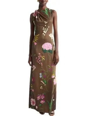 Oscar De La Renta Mixed Botanical Milano Jersey Maxi Dress - Brown Multi