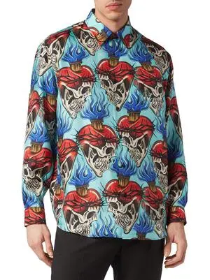 Philipp Plein Silk Dandy Shirt Love Tattoo - Turquoise