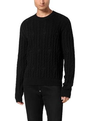 Philipp Plein Round Neck Pullover With All-over Pp Hexagon Jacquard - Black