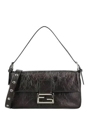 Fendi Baguette Crackled Leather Bag - Black