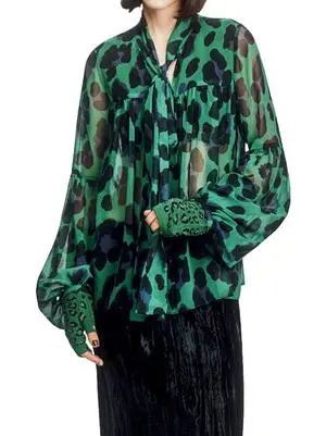 Anna Sui Jewel Jaguar Chiffon Tie Blouse - Jade
