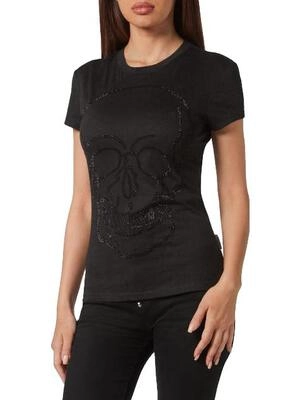 Philipp Plein Cotton Jersey T-shirt With Devoré Python Pattern And Bejeweled Skull Detail - Black