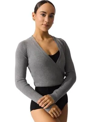 CAPEZIO Ribbed Knit Wrap Sweater With V-neck And Self-tie Closure - Medium Grey