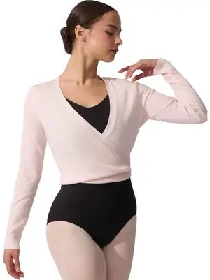 CAPEZIO Ribbed Knit Wrap Sweater With V-neck And Self-tie Closure - Pink