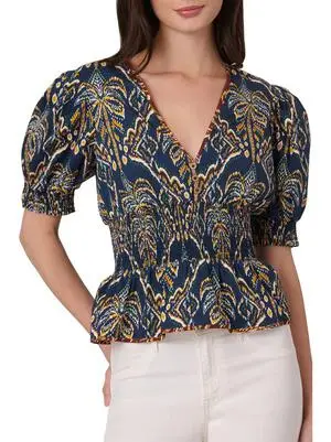Shoshanna Balinese Palm Print Jocelyn Top - Navy Multi