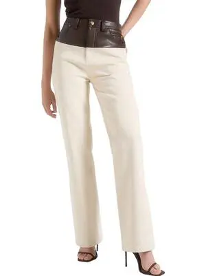 Manière De Voir Contrast Leather & Denim Straight Leg Jeans - Cream/brown