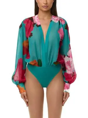 Naked Wardrobe Floral Print Chiffon Bodysuit With Plunging V-neck And Balloon Sleeves - Flora Spritz