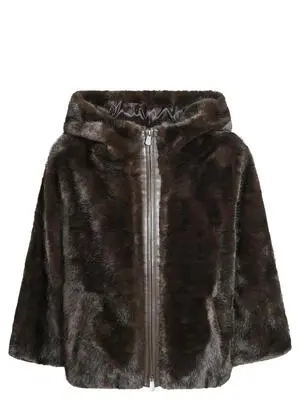 Pinko Cadetia Faux Fur Zip-up Cape With Hood - Marrone