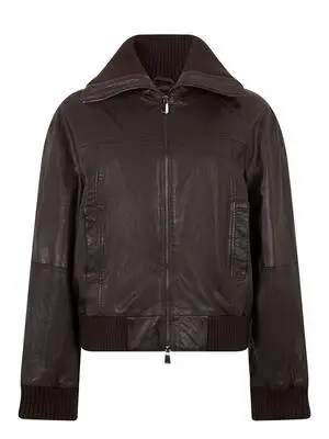 Pinko Leather Jacket With Knit Inserts And Zip Front - Brown