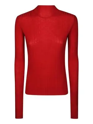 Pinko Ribbed High Neck Long Sleeve Top - Rosso