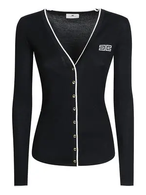 Elisabetta Franchi Fine Knit V-neck Button-up Cardigan With Contrast Trim - Nero