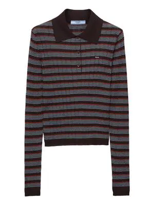 Prada Prada Striped Cashmere And Silk Long Sleeve Polo Shirt Brown