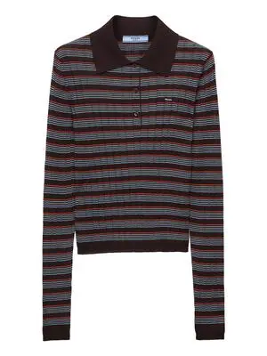 Prada Striped Cashmere And Silk Long Sleeve Polo Shirt - Dark Brown/cloud