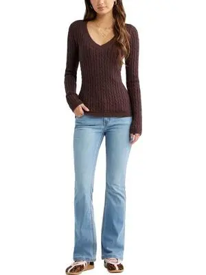 Bp. BP. Cable Stitch V-Neck Sweater Brown Coffee