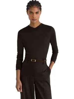 REISS Brody High V-neck Long Sleeve Top - Chocolate Brown
