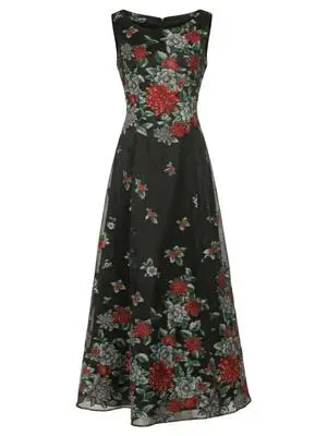 LUNA FASHION HOUSE Black Red Floral Embroidered Maxi Dress - Black/red