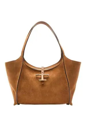 TOD'S T-plaque Suede Tote - Tan
