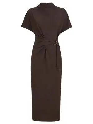 Brunello Cucinelli Techno Wool Jersey Wrap Belt Dress With Monili - Coffee