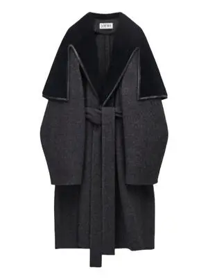 Loewe Wool Coat With Shearling Collar And Belt - Black