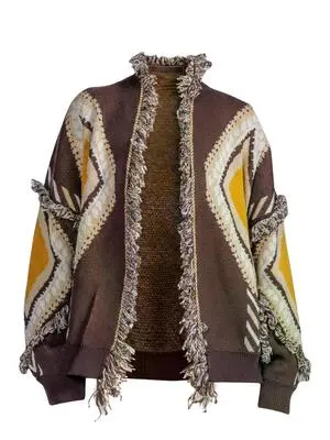 TENSIONE IN Geometric Pattern Fringed Cardigan - Brown
