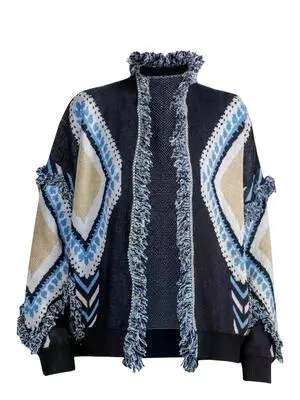 TENSIONE IN Geometric Pattern Fringed High Neck Cardigan - Black