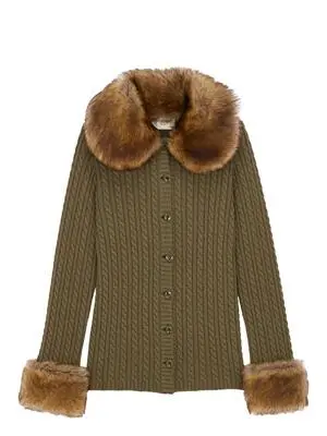 Saint Laurent Long-sleeved Cardigan With Fur Trim - Khaki