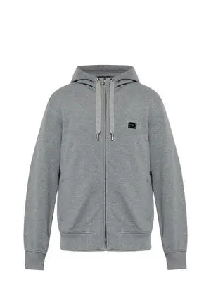 Dolce & Gabbana Dolce Gabbana Logo Plaque Zipped Drawstring Hoodie - Grey