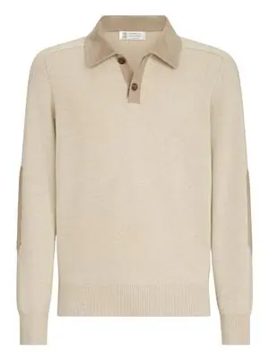 Brunello Cucinelli Cashmere Knit Polo With Suede Collar - Sand