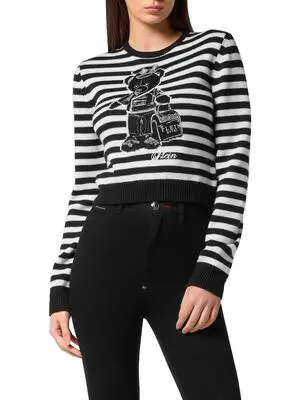Philipp Plein Striped Cotton Crewneck Jumper With Teddy Bear Print - Black