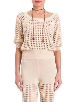 TWINSET Perforated Cotton Knit Top With Boat Neck And Dropped Shoulders - Beige