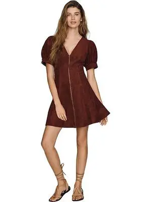 PILCRO Zip-front Faux-suede Puff Sleeve Mini Dress - Burgundy