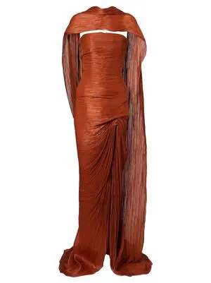 MARMAR HALIM Pleated Taffeta Bustier Gown And Detachable Scarf - Orange