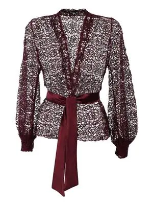 LUNA FASHION HOUSE Burgundy Lace Belted Sweater - Red