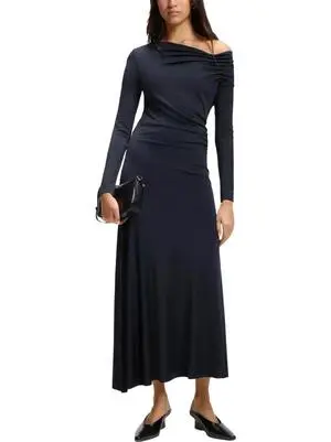 BOSS Asymmetric Neck Ruched Detailing Midi Dress - Blue