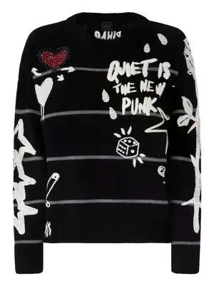 Pinko Intarsia-knit Sequin-embellished Crew Neck Sweater - Black